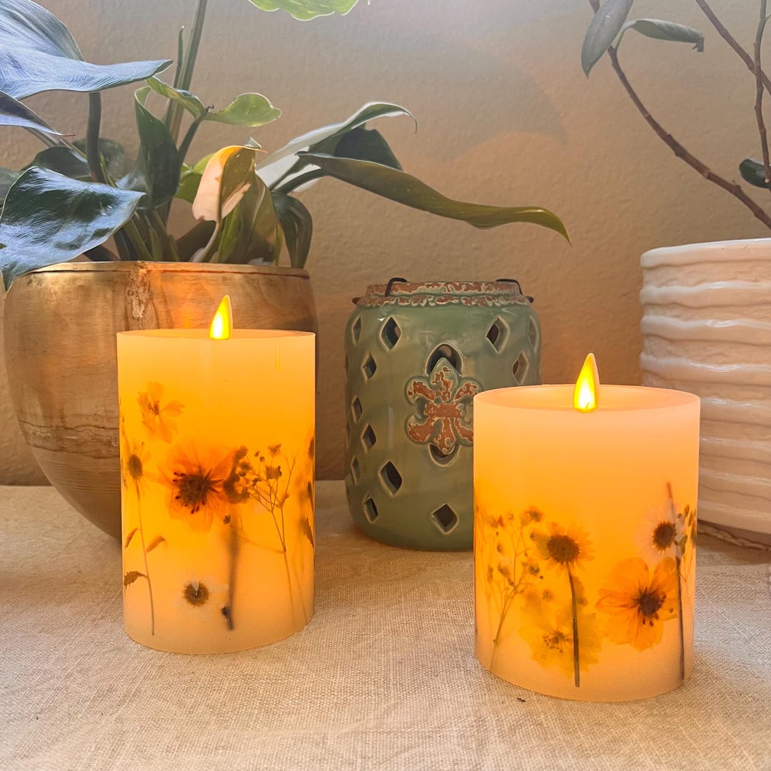 LED Wax Candle With Press Botanical Flowers Six Hour Timer Requires ...