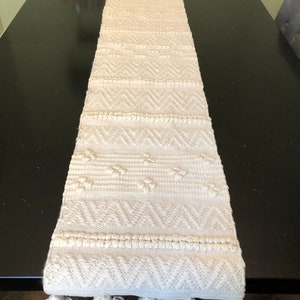72x14 Cream Colored Woven Cotton Textured Table Runner With Pom-poms ...