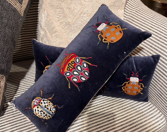 Blue Velvet Pillow With Bug Embroidery 18"x 8" - Etsy
