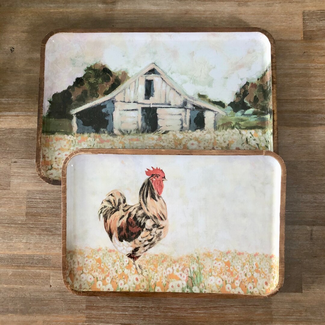 Decorative Wood Tray With Farm House Image 13 1/2" X 9" or Rooster ...