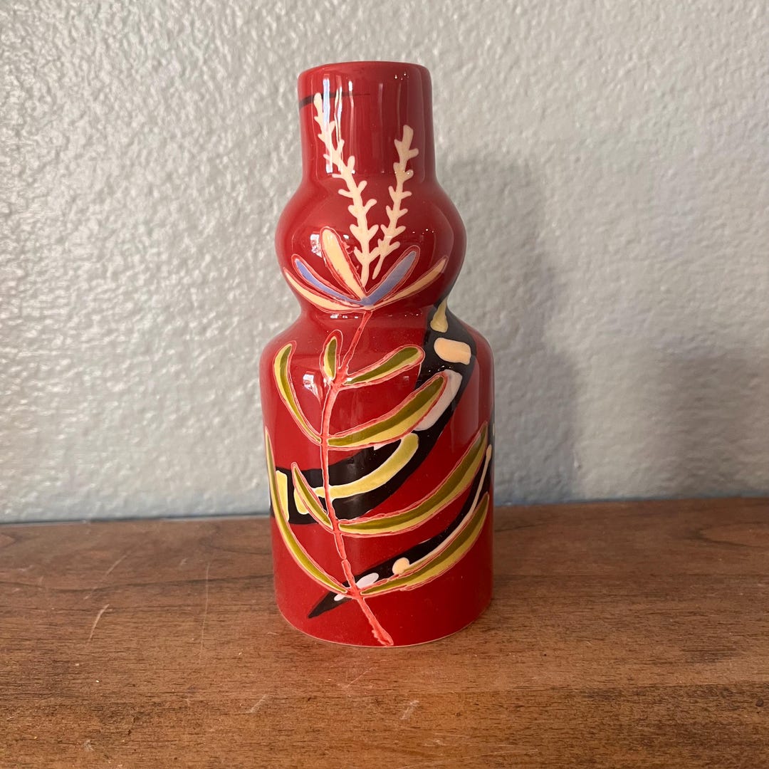 Small Red Bud Vase With Hand Painted Abstract Floral Detail 6"hx 2 1/2 ...
