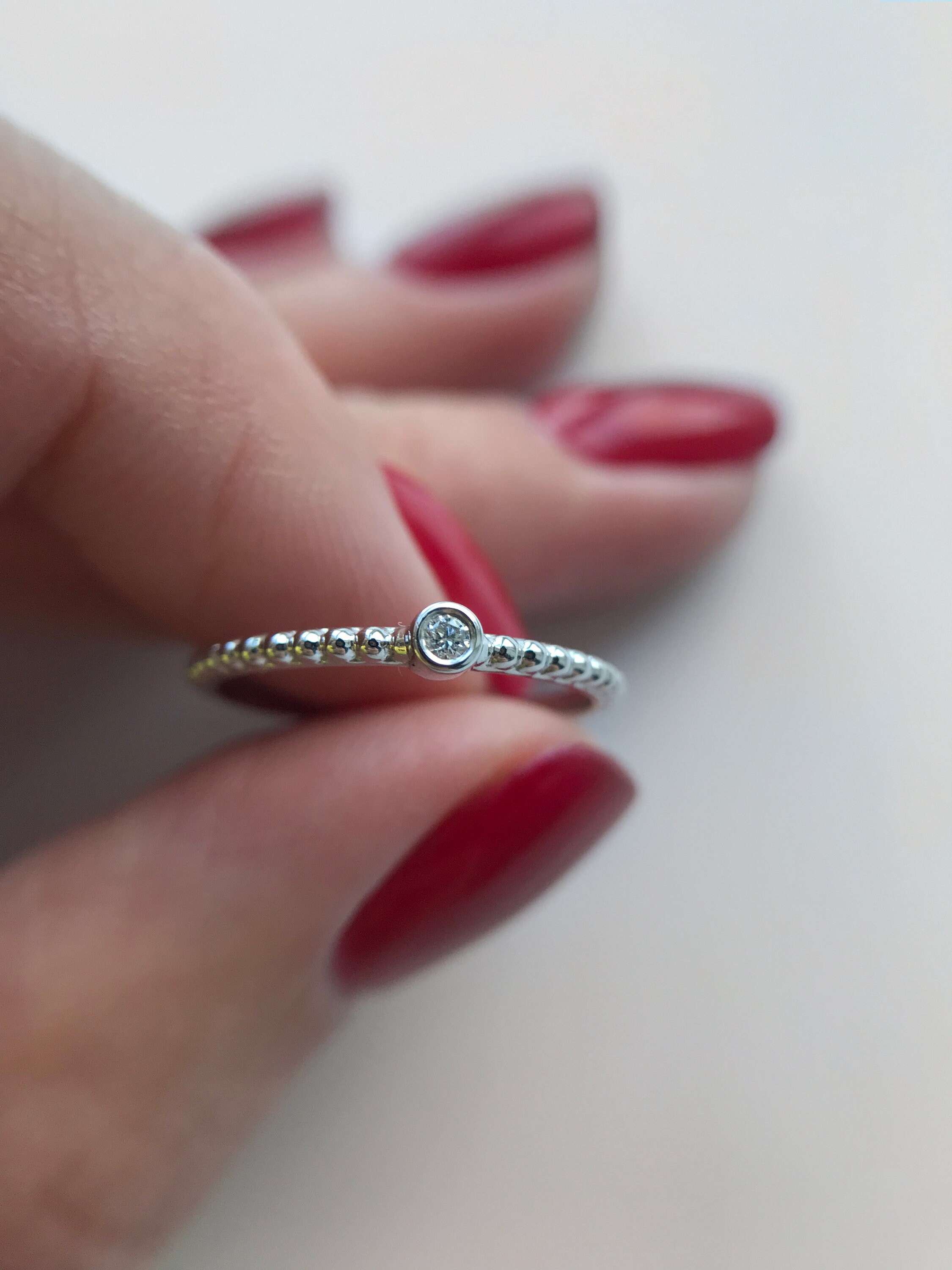 Bezel Set Ring Tiny Diamond Ring Minimalist Bead Ring Thin | Etsy