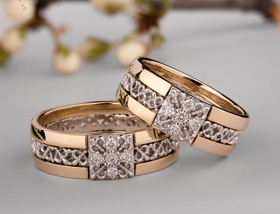 14K Yellow and White Gold Cross Rings With White Diamonds | Etsy