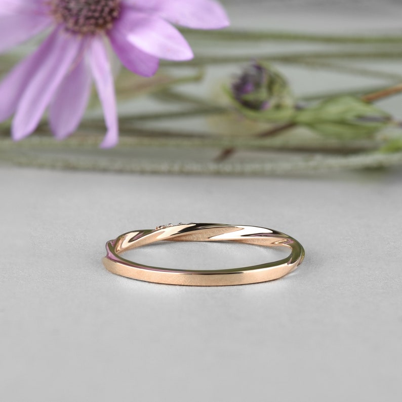14K Rose Gold Twist Ring, Dainty Wedding Band With Diamonds, Gem ...