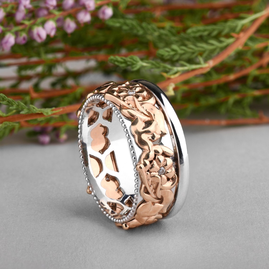 Vine Ring With Filigree 14K Solid Gold Flower Ring Gold Leaf - Etsy