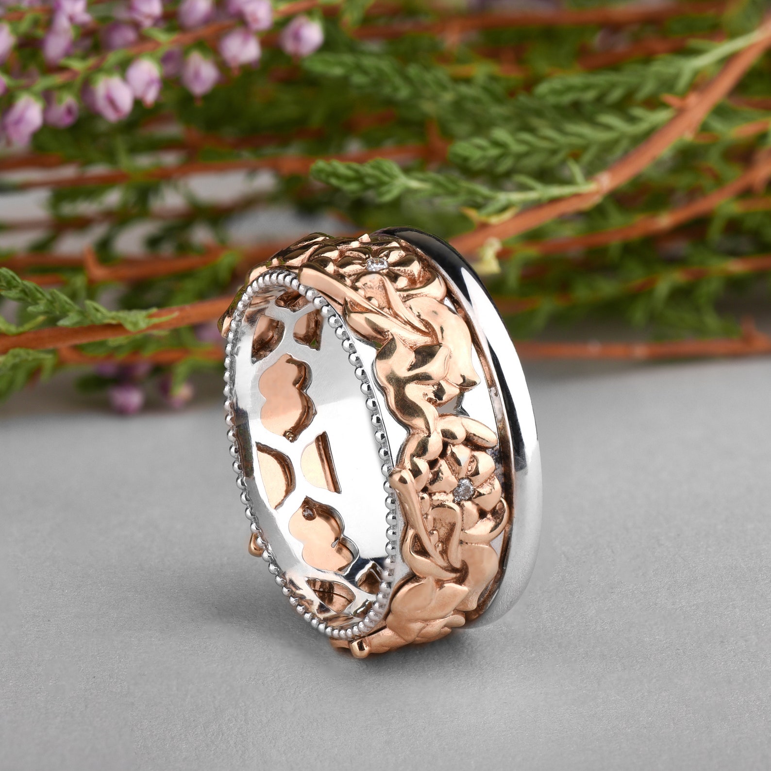 Vine Ring With Filigree 14K Solid Gold Flower Ring Gold Leaf - Etsy