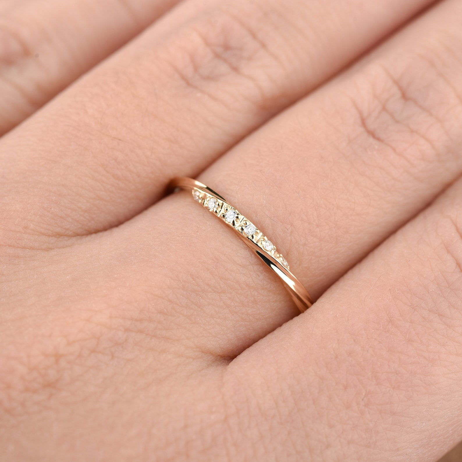 14K Rose Gold Twist Ring Dainty Wedding Band With Diamonds | Etsy