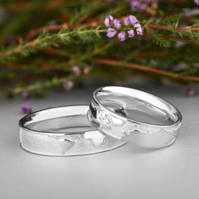 Matching Wedding Bands World Map Couple Promise Rings | Etsy