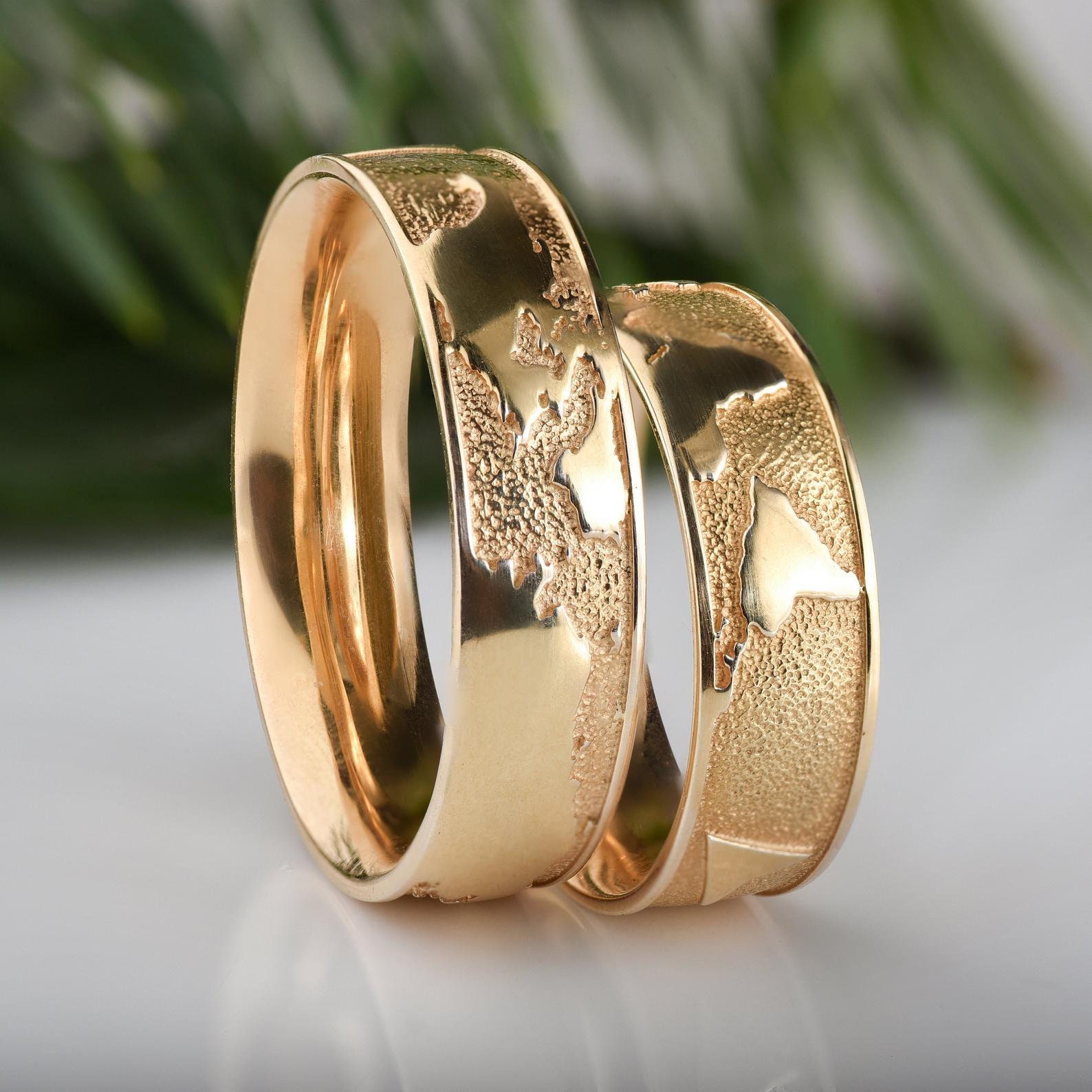 Matching Wedding Bands World Map Couple Promise Rings | Etsy