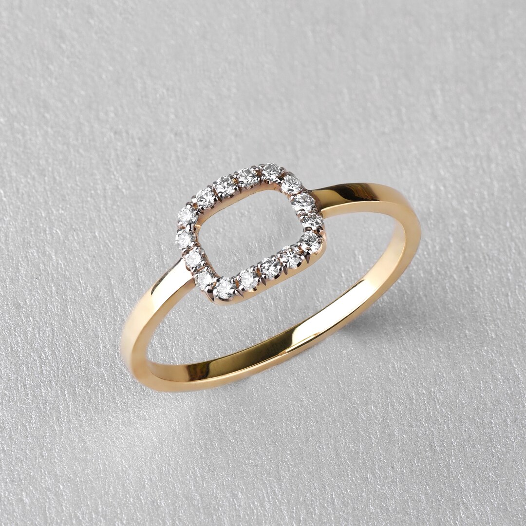 Open Square Gold Ring, 14k Gold Promise Ring, Natural Diamond Cluster ...