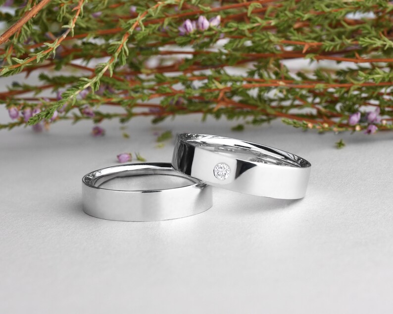 White Gold Wedding Band Set With Diamond Couple Rings in 14K | Etsy