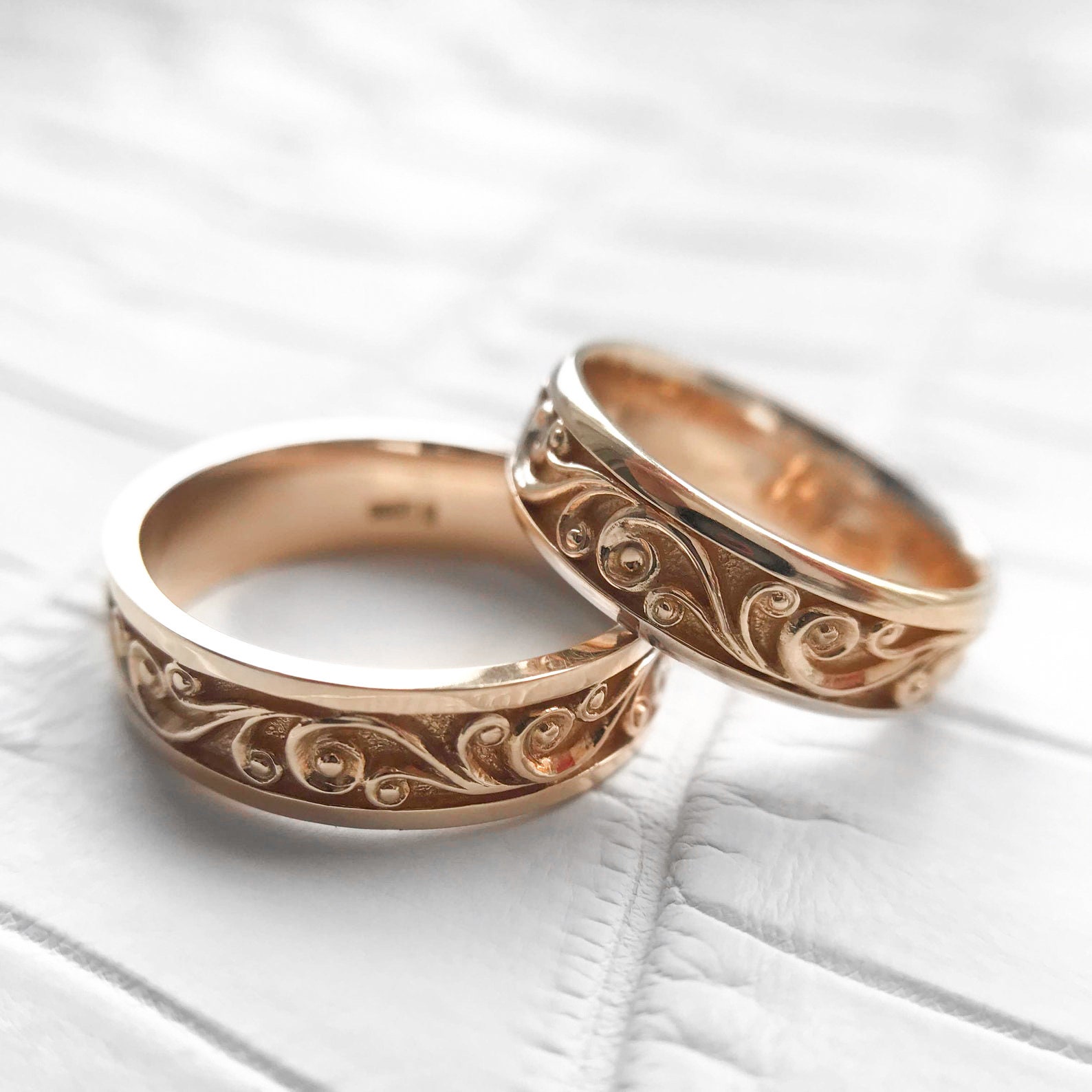 Gold Matte Wedding Band Set 14K Gold Floral Wedding Ring Set - Etsy