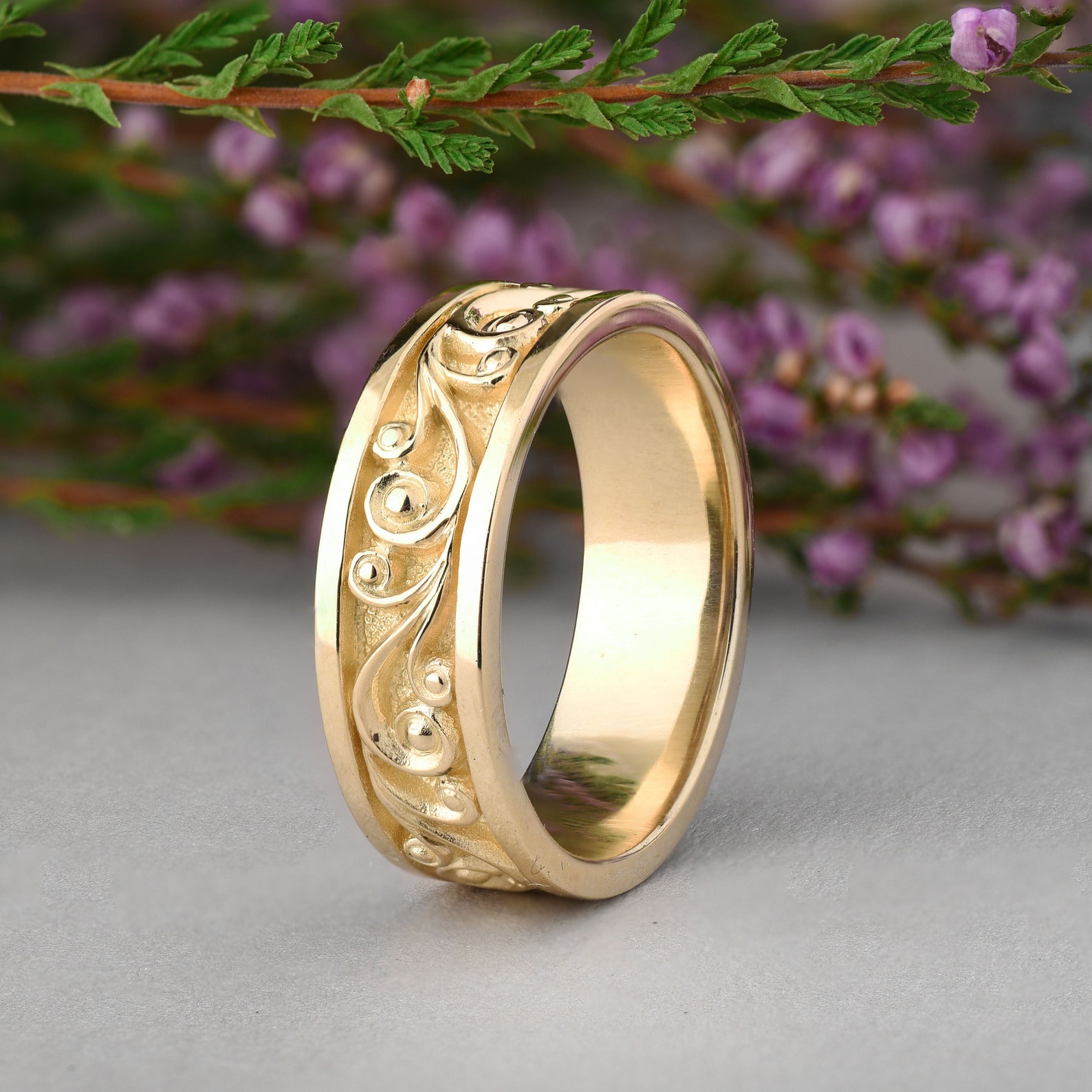 14K Gold Wedding Band Floral Wedding Band Filigree Wedding | Etsy