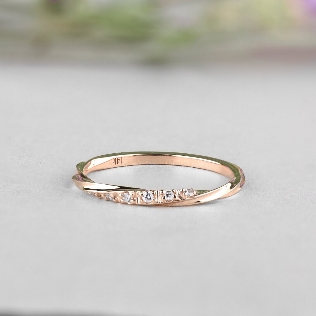 14K Rose Gold Twist Ring, Dainty Wedding Band With Diamonds, Gem ...