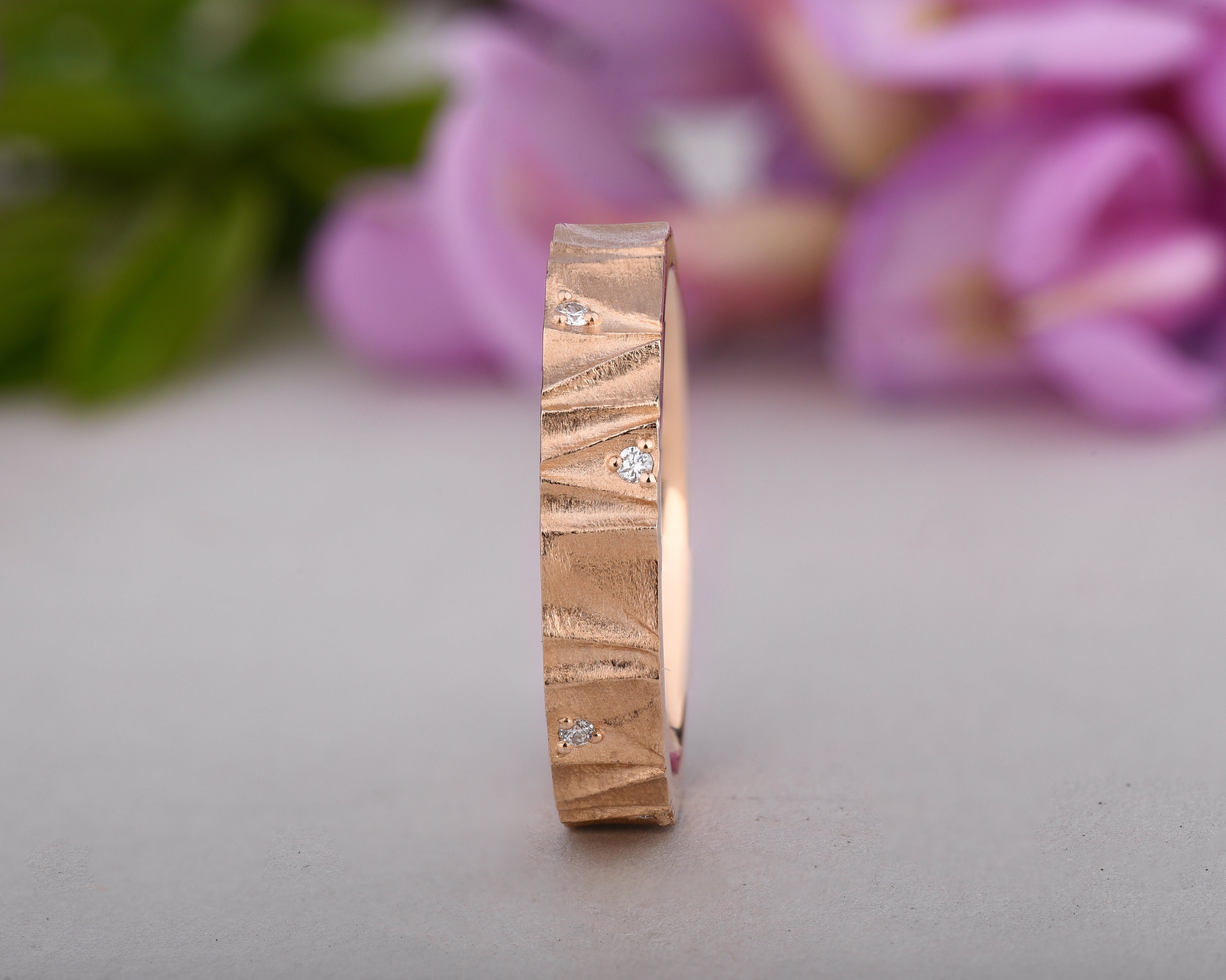 Diamond Band Gold Hammered Ring Stone Rose Gold Diamond - Etsy