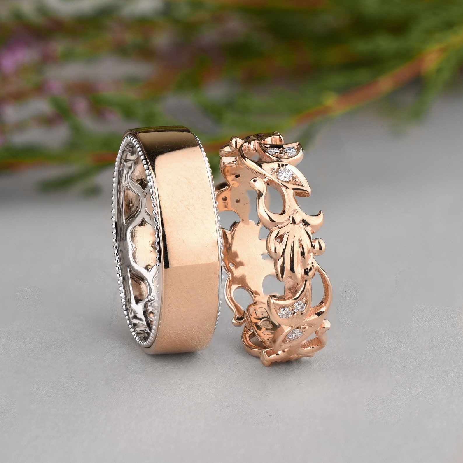 Vintage Style Wedding Ring Set Rose Gold Gold Leaf Rings | Etsy
