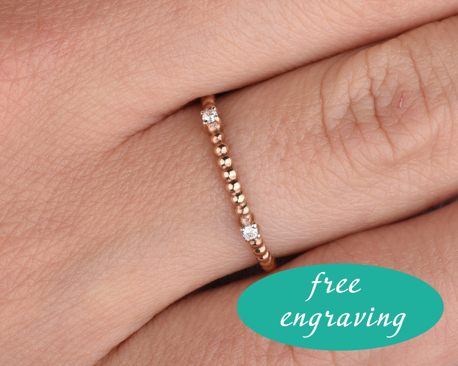 Rose Gold Engraved Ring Small Gold Thin Ring With Diamond | Etsy