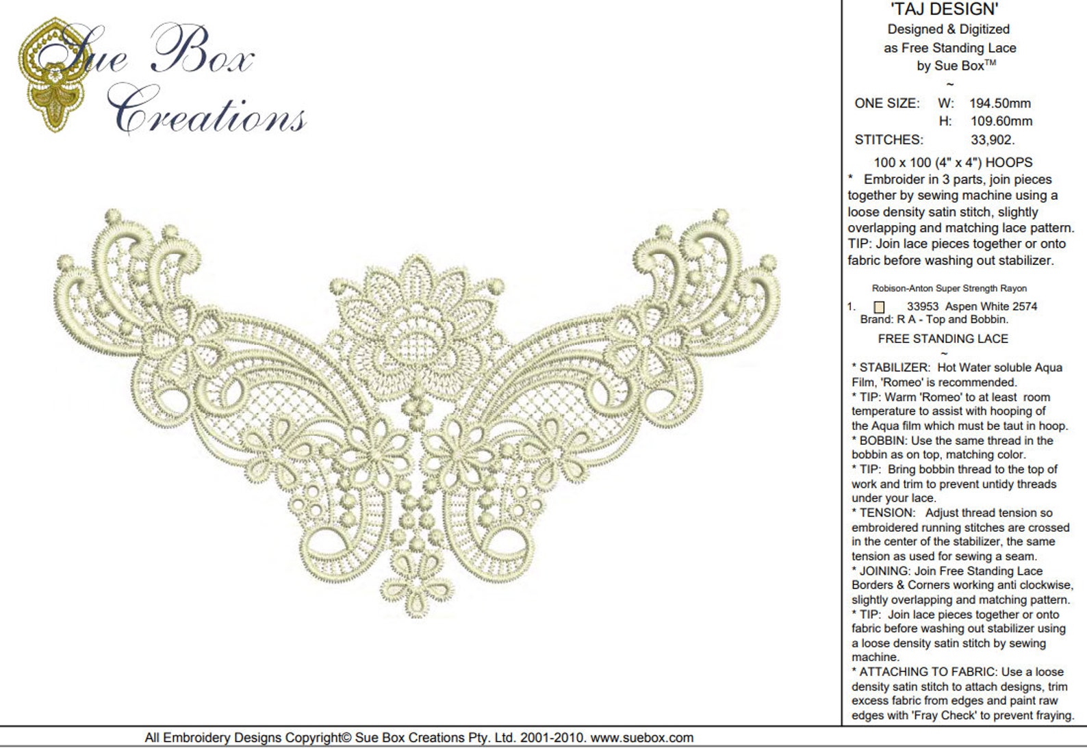 Lace - Taj Design - Beautiful Free Standing Lace Machine Embroidery ...