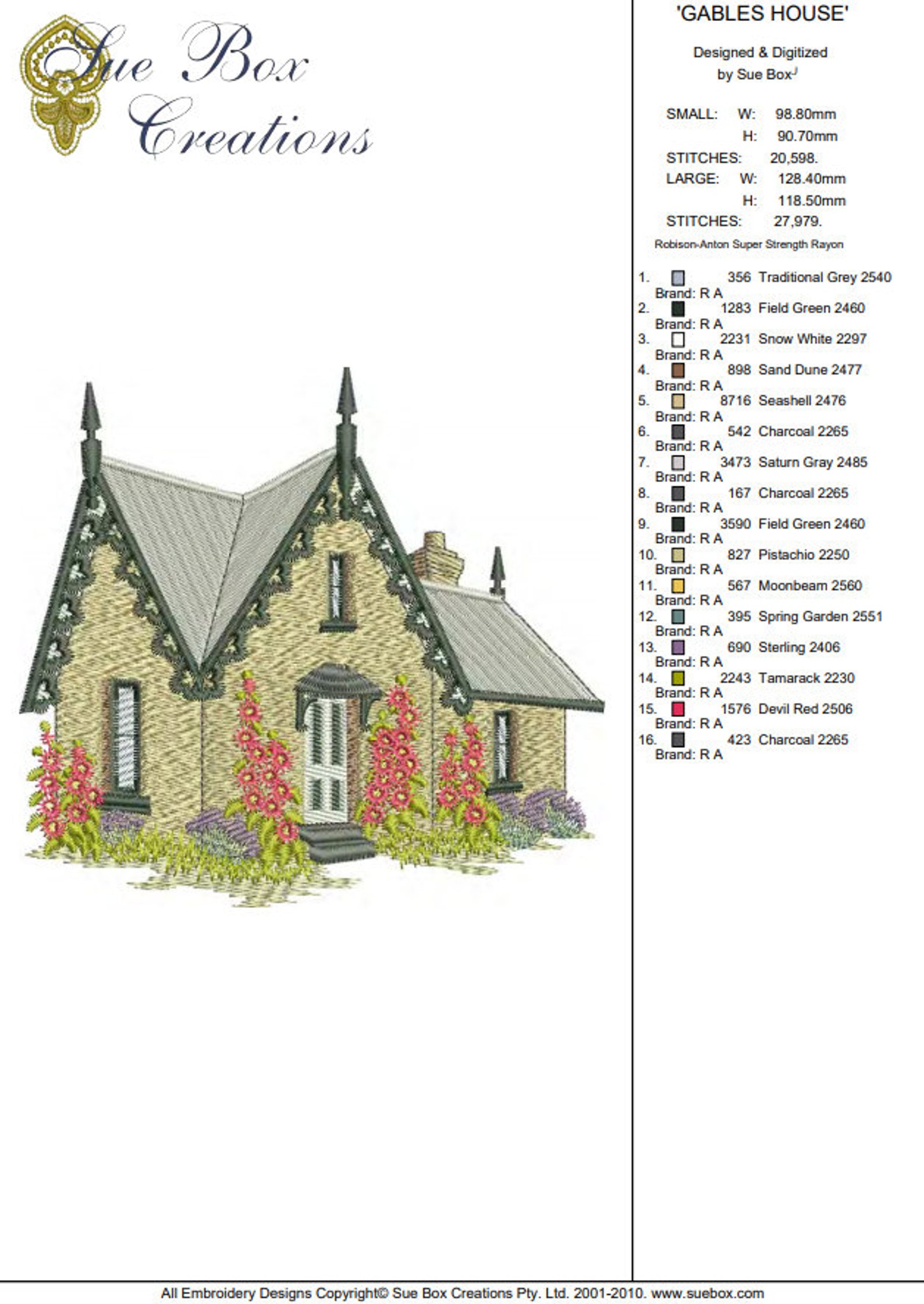 Gables English Country HOUSE Machine Embroidery Design by Sue Box in 2 ...