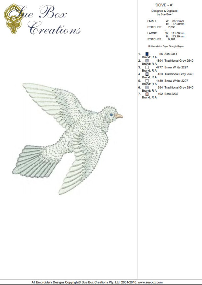Dove A Embroidery Machine Embroidery Design by Sue Box - Endearing ...