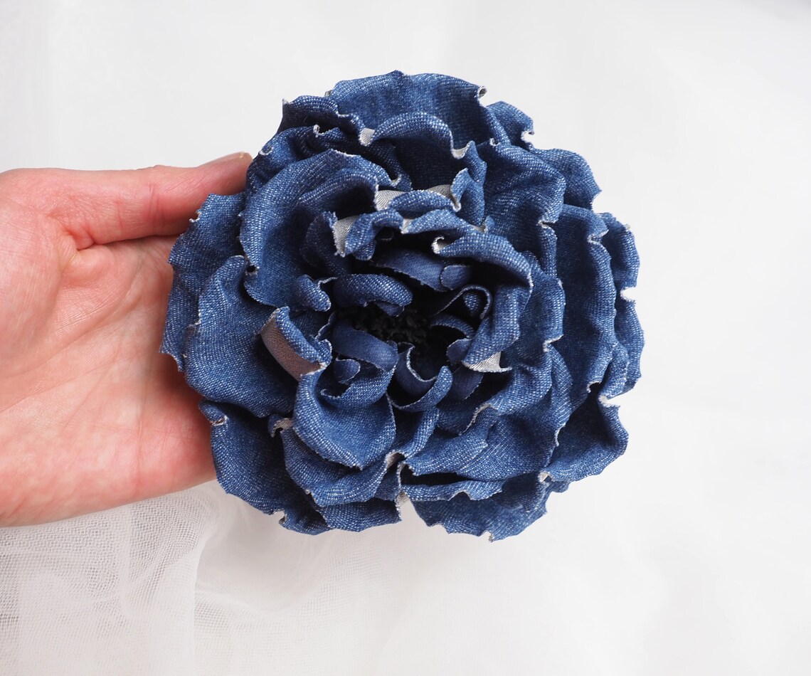 Ready to Ship Cotton DENIM ROSE FLOWER, Large Denim Flower Brooch ...