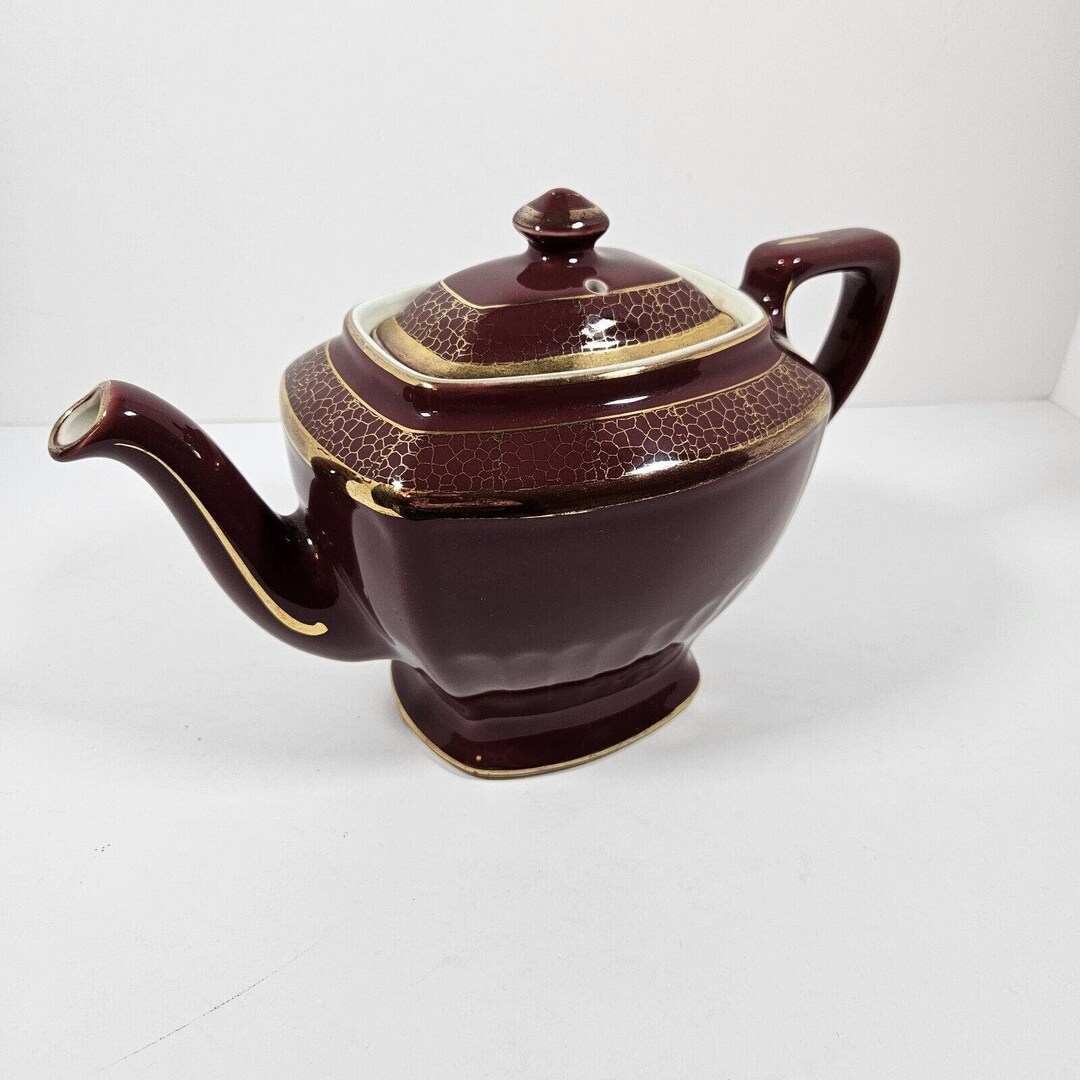 Hall Pottery Co Vintage Teapot Maroon Burgundy Gold Accents Art Deco ...