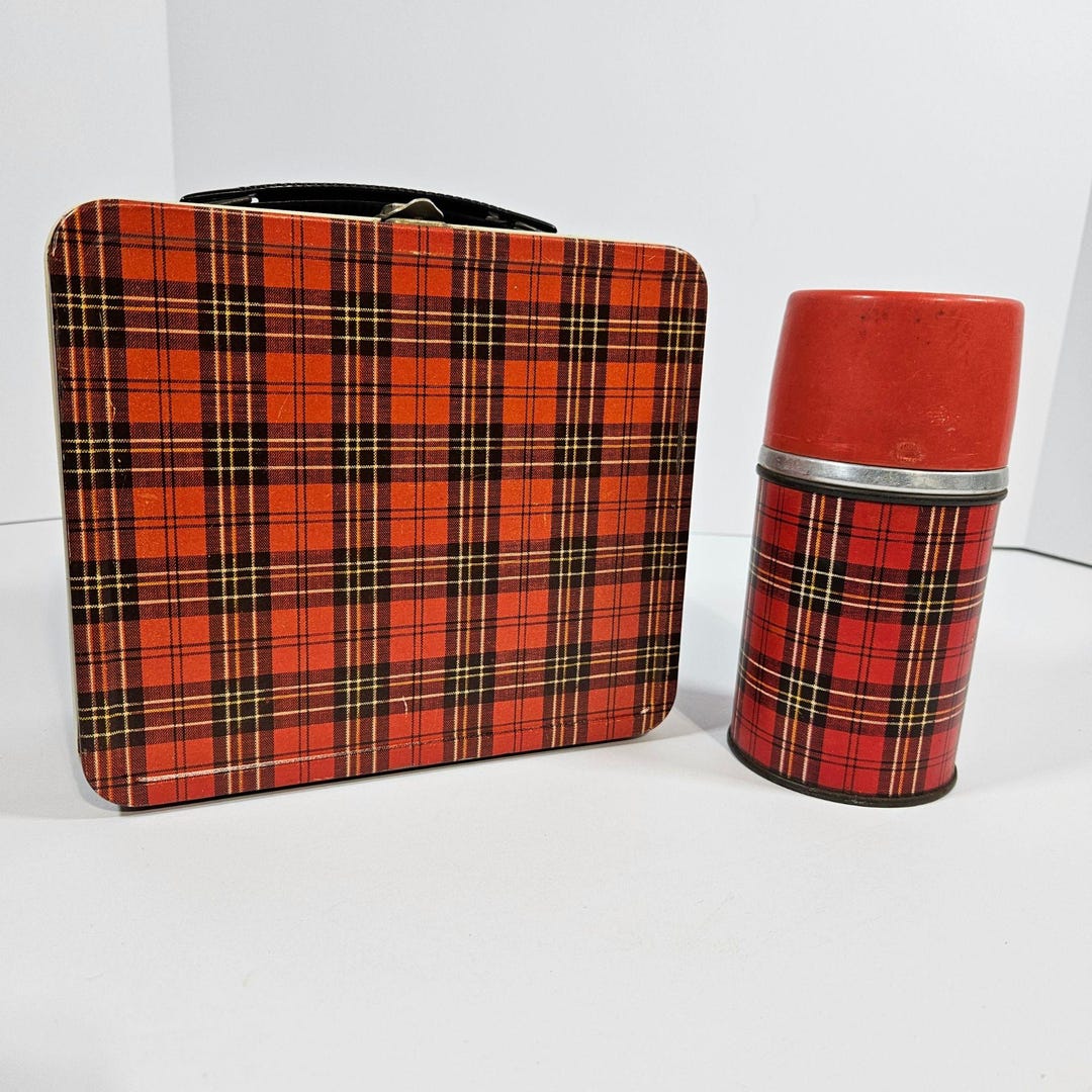 Vintage Aladdin Plaid Tartan Metal Lunchbox & Thermos 1950s Red Black ...