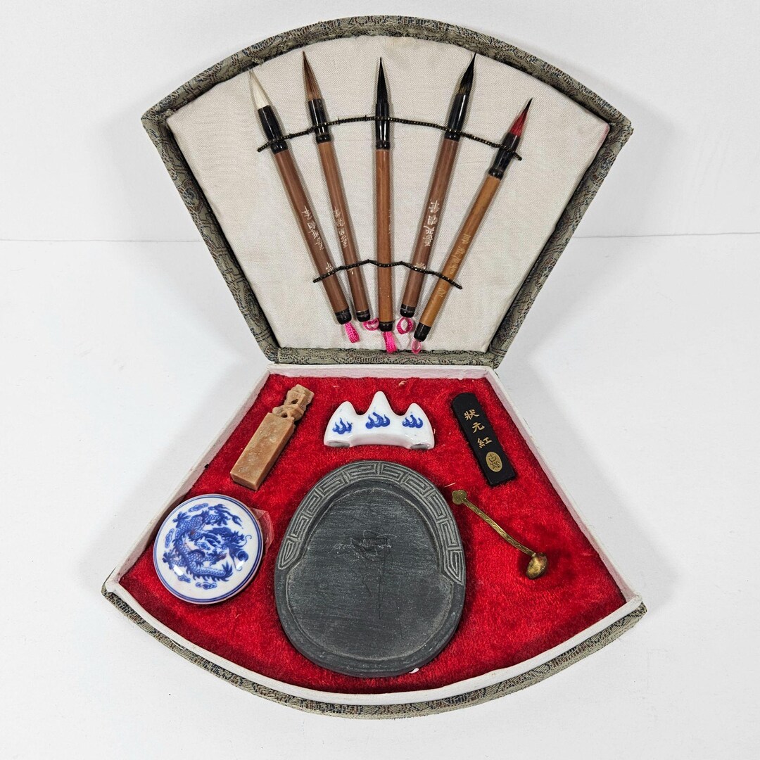 Vintage Chinese Calligraphy Set With Brushes Ink Stone Seal & More - Etsy