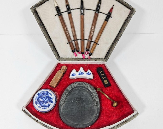 Vintage Chinese Calligraphy Set With Brushes Ink Stone Seal & More - Etsy