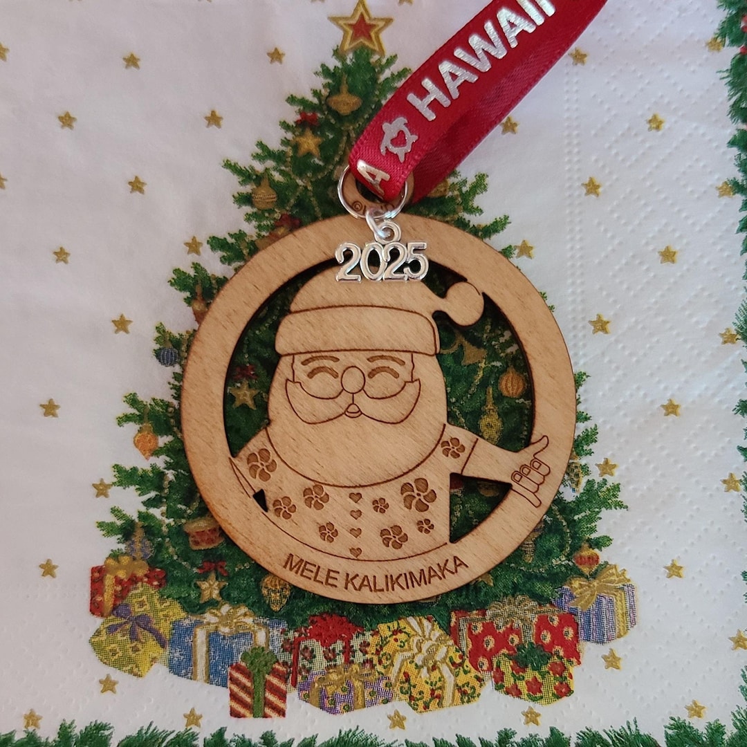 Shaka, Santa, Aloha Shirt, Hawaii, Birch Wood, Christmas Ornament With ...