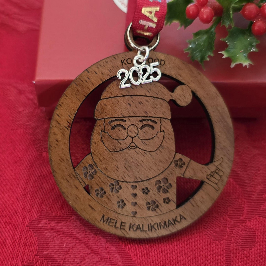 Santa, Shaka, Koa Wood Christmas Ornament, Made in Hawaii, With ...