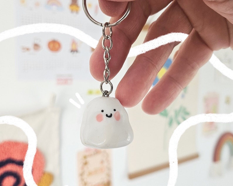 Cute Ghost Keyring - Halloween Ceramic - Polymer Clay Keychain - Hand ...
