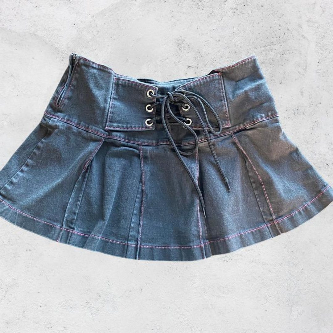 Whimsigoth Lace up Denim Mini Skirt Medium Stretch Morbid Threads Lace ...
