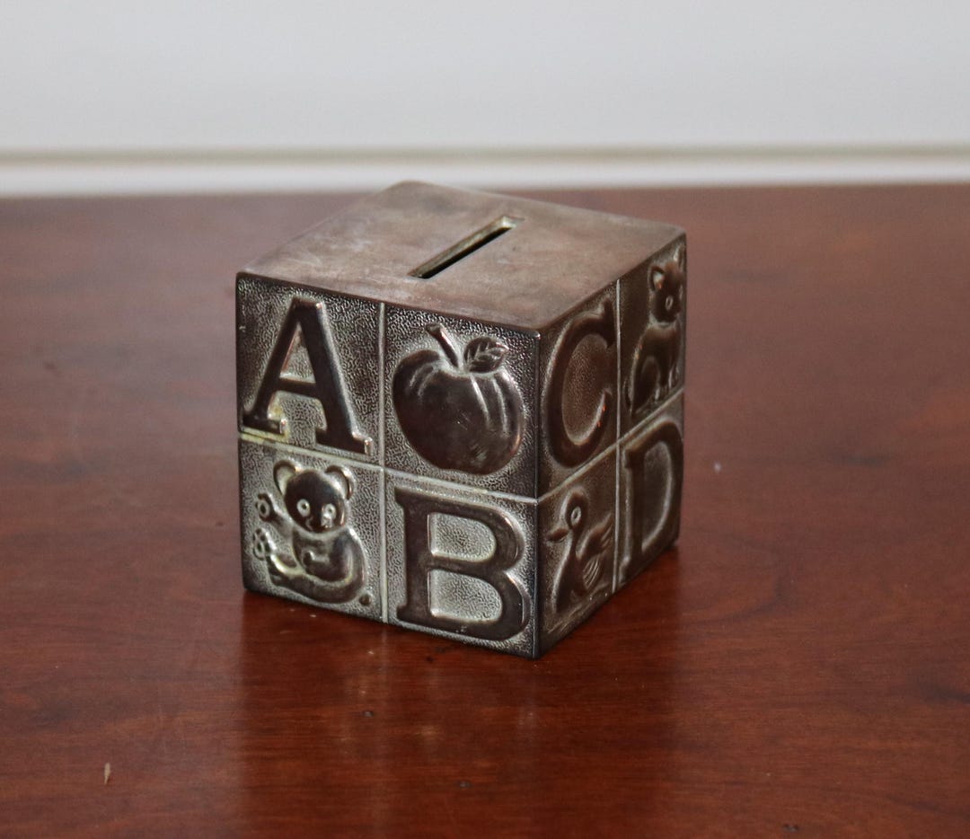Vintage 1980’s Silver Plated Baby Bank / Vintage Baby Block / ABC Cube ...