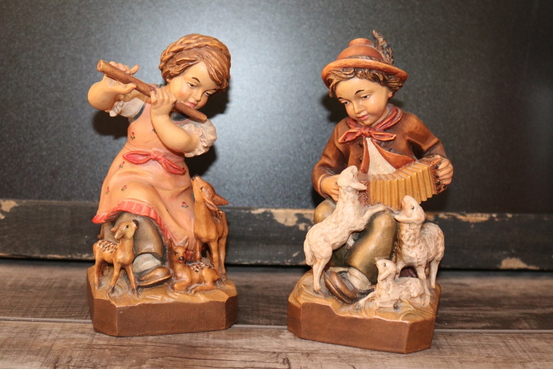 Vintage Hand-carved Wooden Figures Statues Boy & Girl With - Etsy