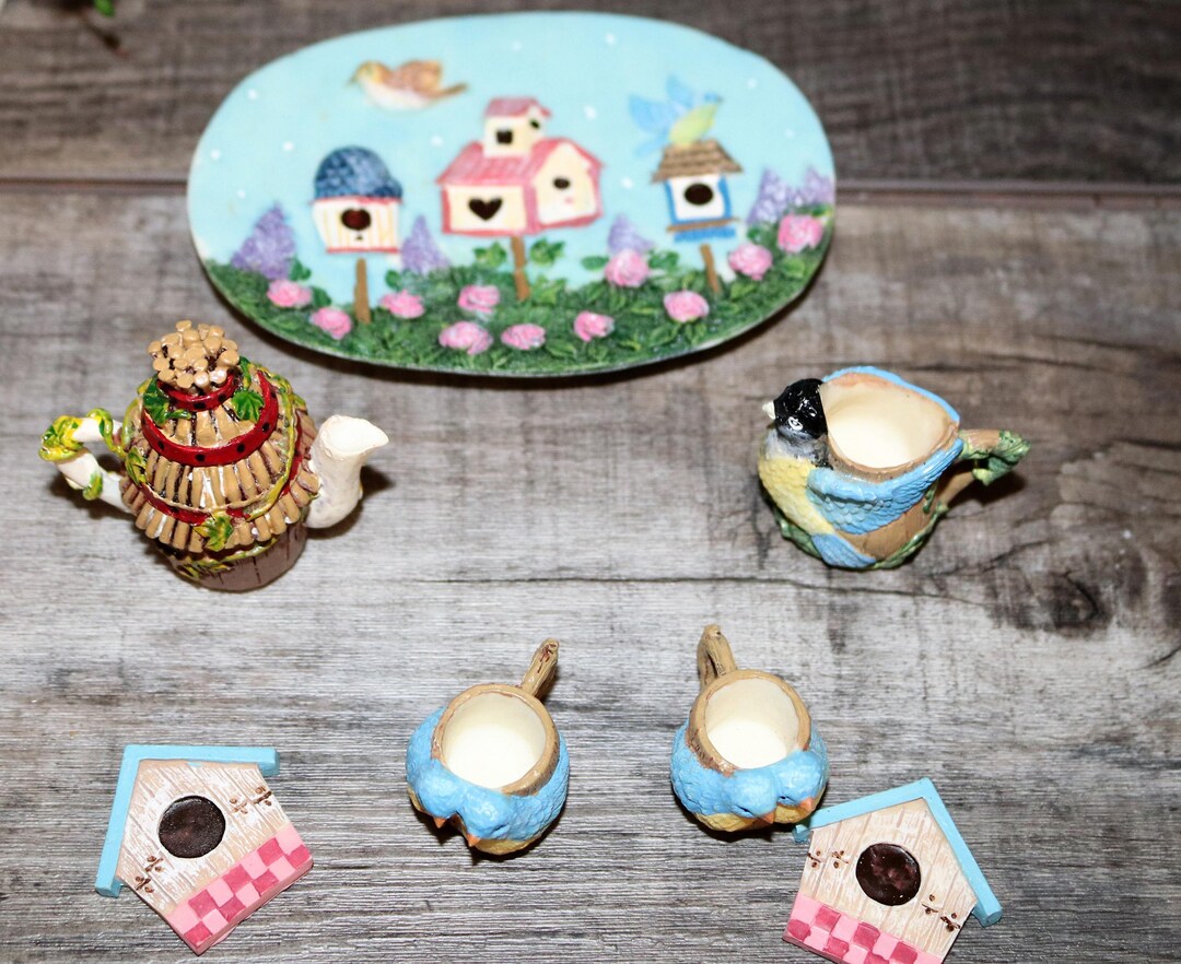 Miniature Resin Tea Set 8 PC. Garden Blue Birds Birdhouses - Etsy