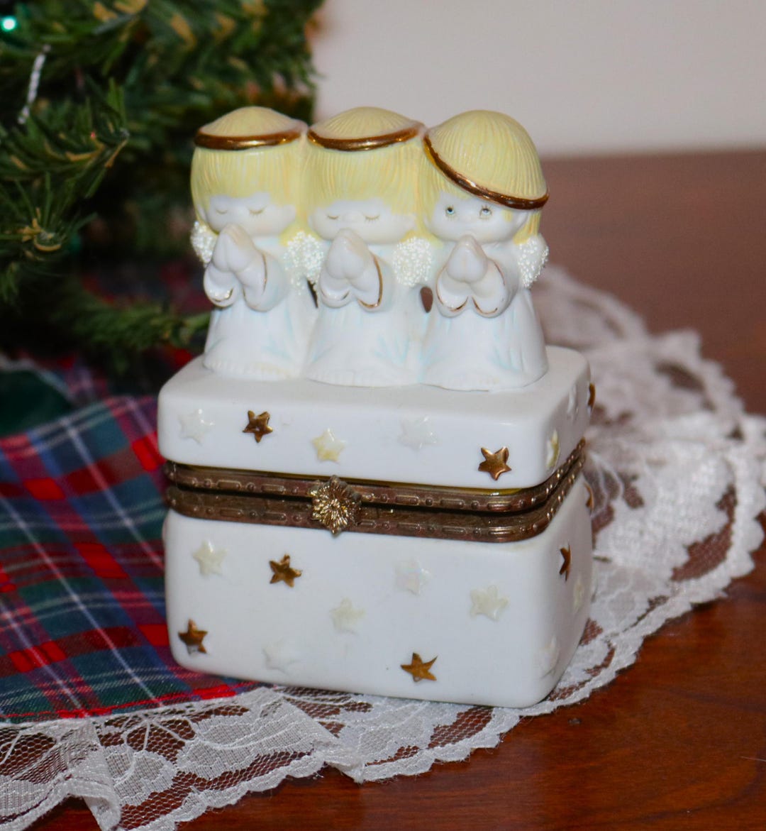 Vintage Three Praying Angels Porcelain Keepsake Box, Jewelry Storage ...