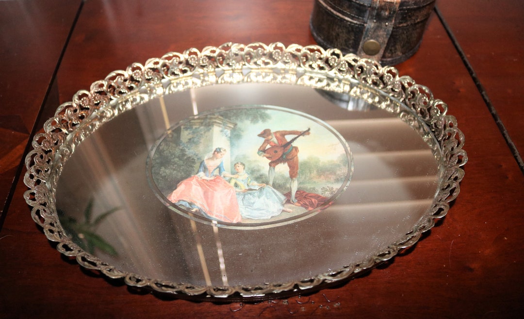 Vintage Rococo Themed Mirrored Vanity Tray With Gold Oval Border - Etsy