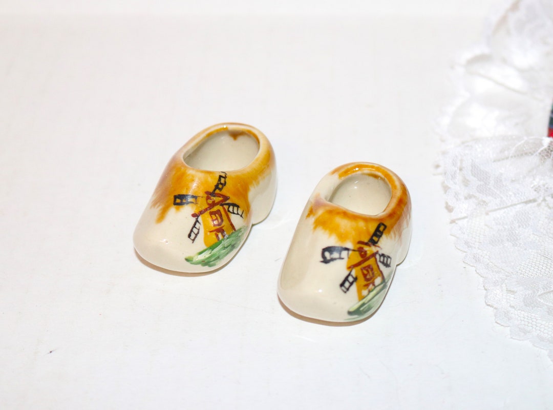 Vintage Miniature Hand Painted Ceramic Dutch Shoe, Mini Clog Windmill ...