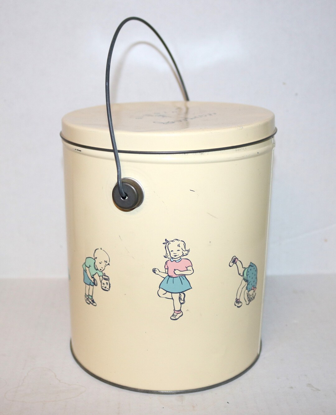Vintage Kitschy Metal Tin Pail: Diaper Pail Nursery Storage Children ...