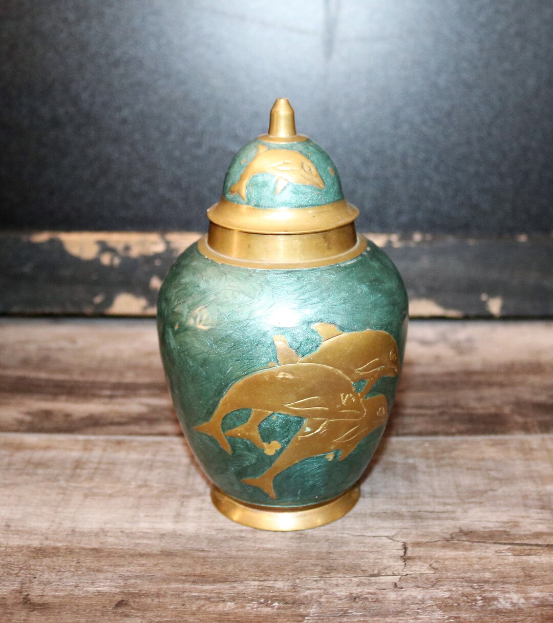 Very Unique! Vintage Enameled Brass Dolphins Green Ginger Jar W/ Lid ...