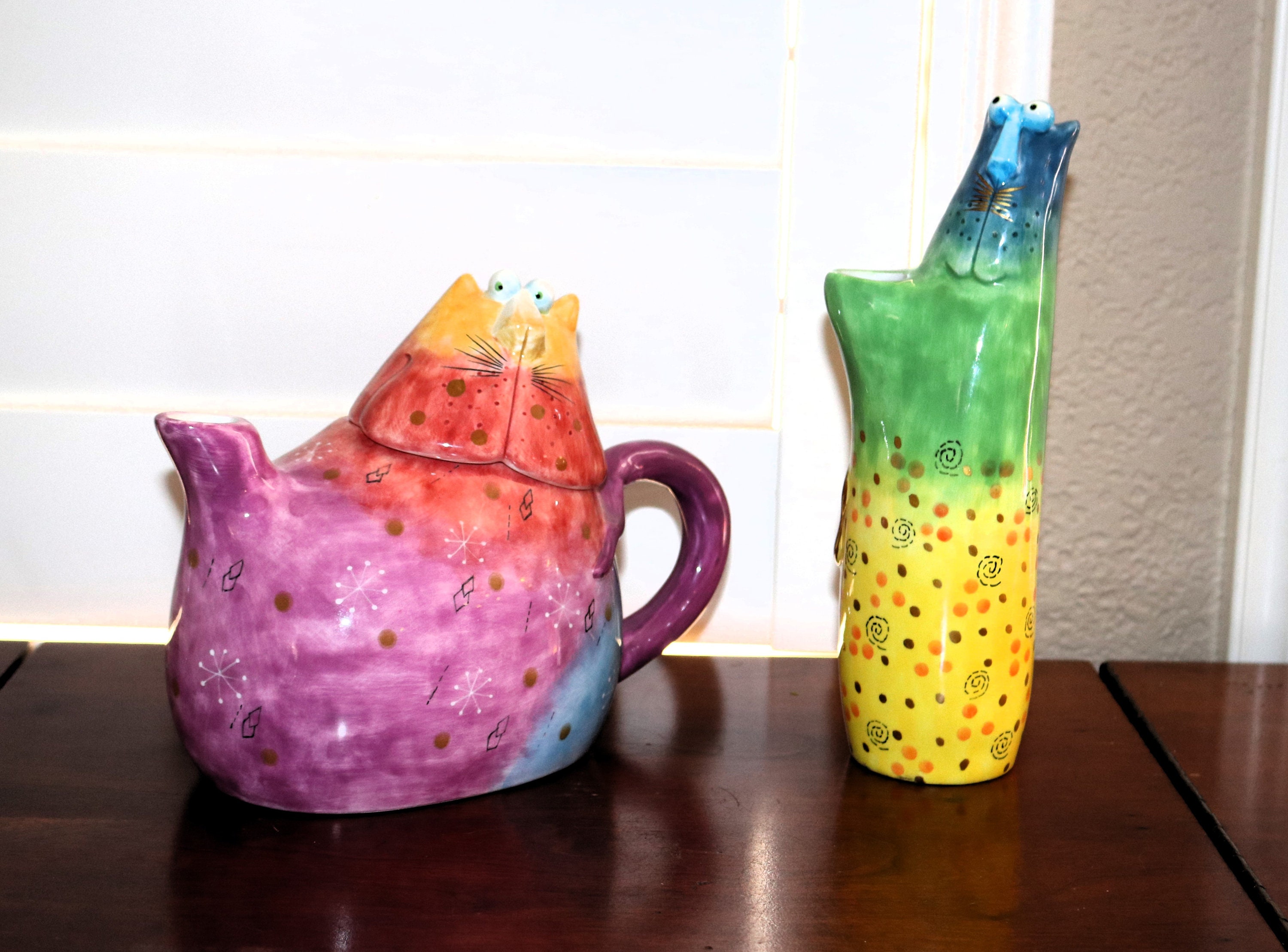 2 Vintage Pieces Design Works Joy Cats Ceramic Teapot and - Etsy