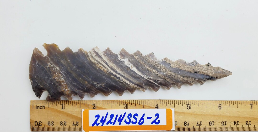 6.25 Stone Serrated Spearhead, Lance Head, Drill Point Hand Knapped ...
