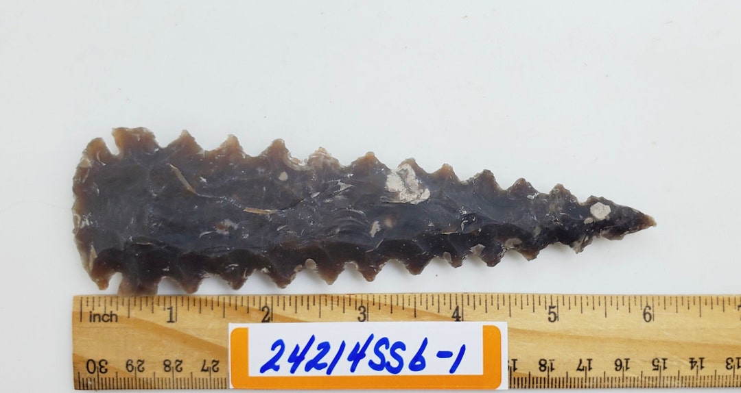 6" Stone Serrated Spearhead, Lance Head, Drill Point - Hand Knapped ...
