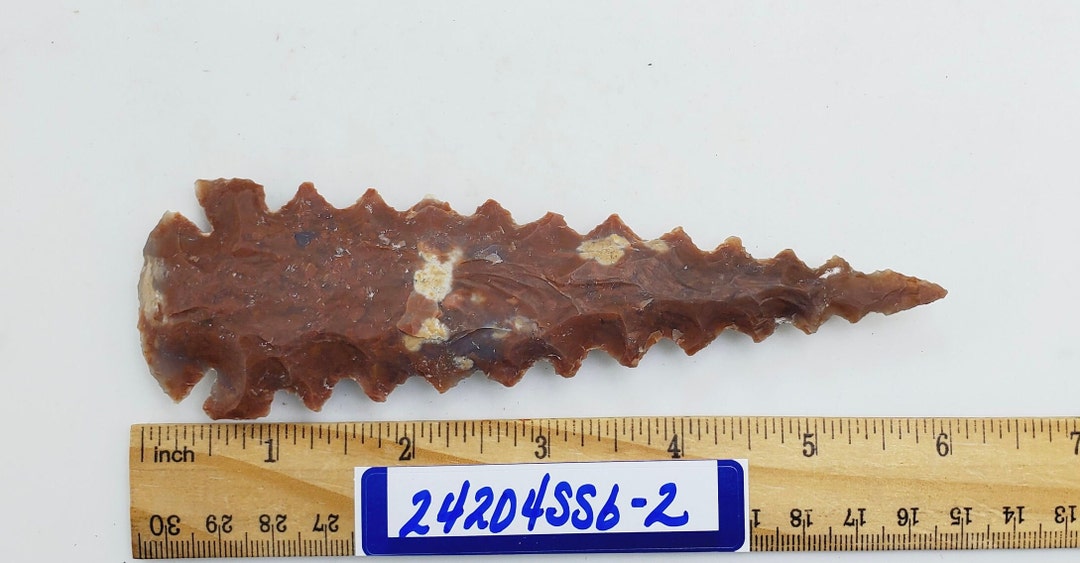 6 Stone Serrated Spearhead, Lance Head, Drill Point Hand Knapped Agate ...