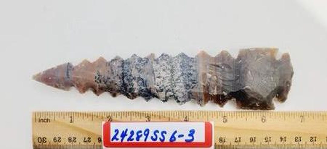 6.7" Stone Serrated Spearhead, Lance Head, Drill Point - Hand Knapped ...