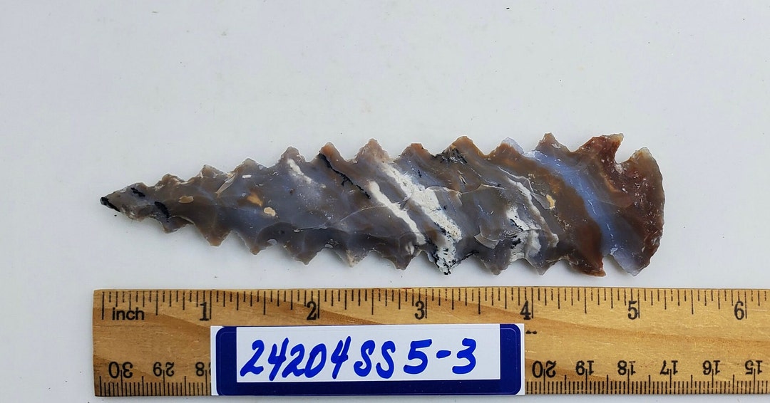 5.25 Stone Serrated Spearhead, Lance Head, Drill Point Hand Knapped ...