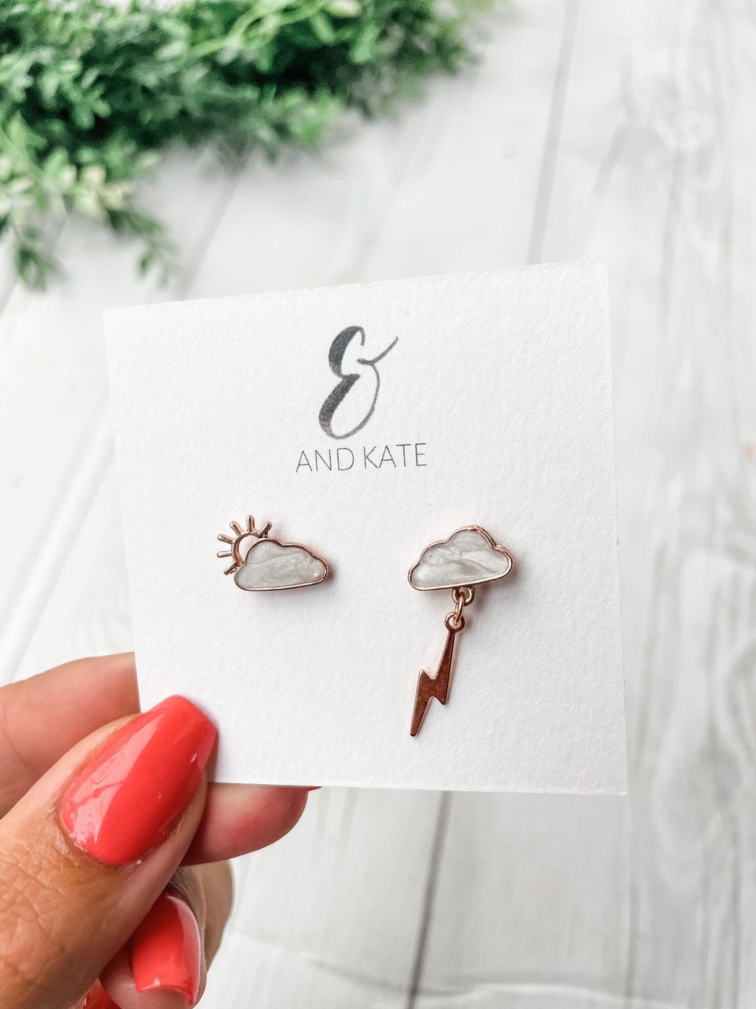 Cloud and Lighting Bolt Storm Cloud Studs Sun and Cloud Rose Gold Studs Unique Thunder Earrings ...