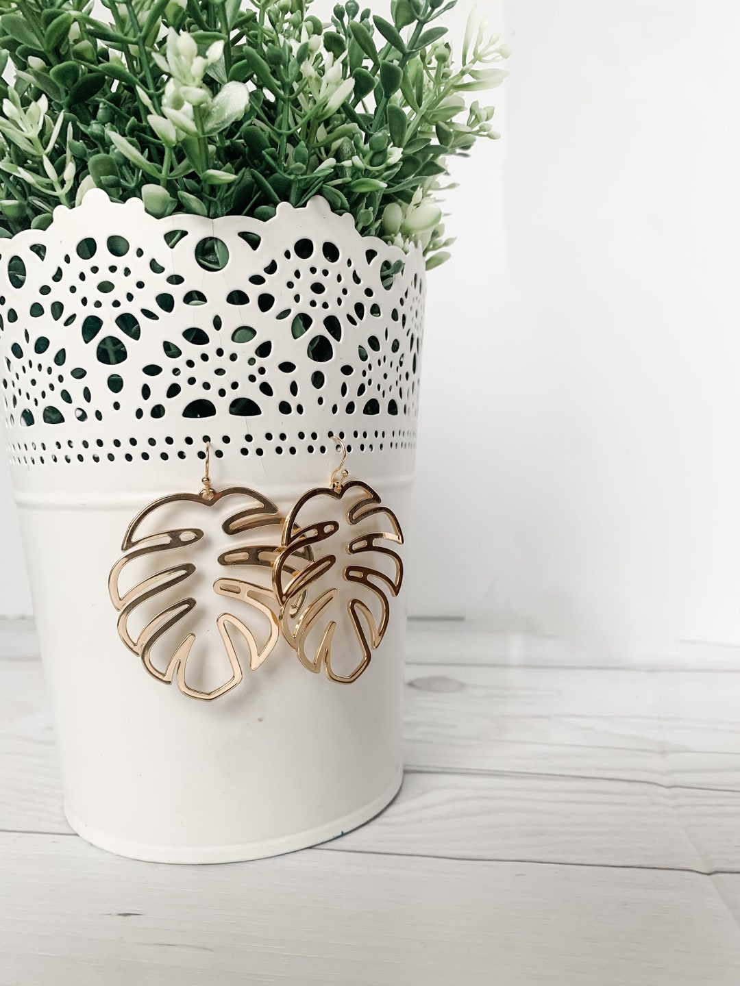 Monstera Earrings Dangle, Gold Leaf Earrings, Monstera Leaf, Plant ...