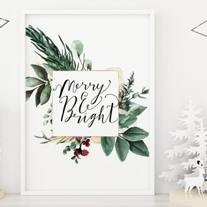 Merry and Bright Print | Christmas Digital Sign Print for Holiday Home ...